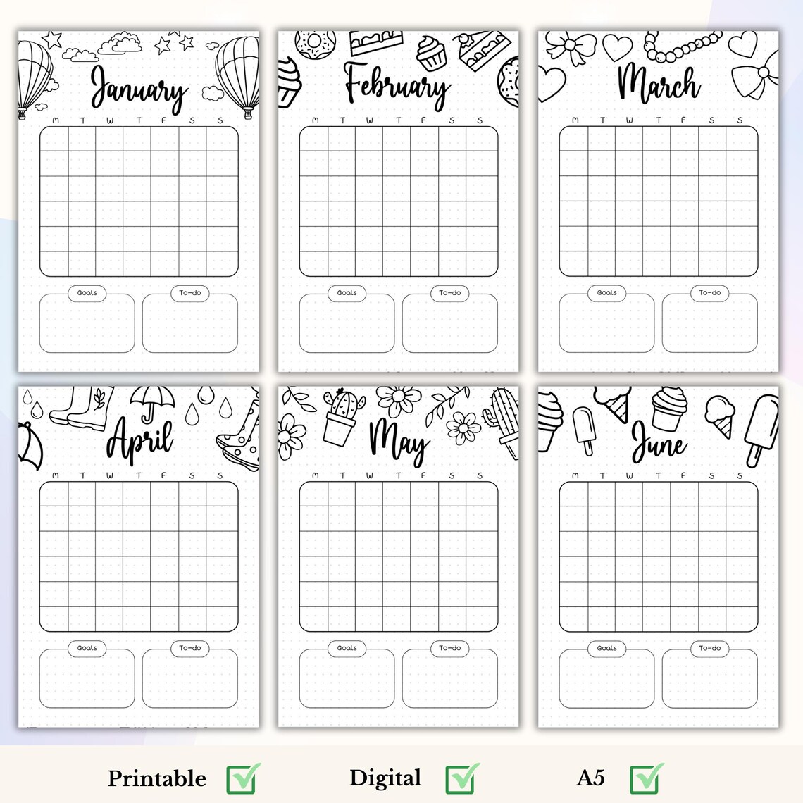 12 Month Calendar Pages Bullet Journal Bundle Monthly Planner Journal ...