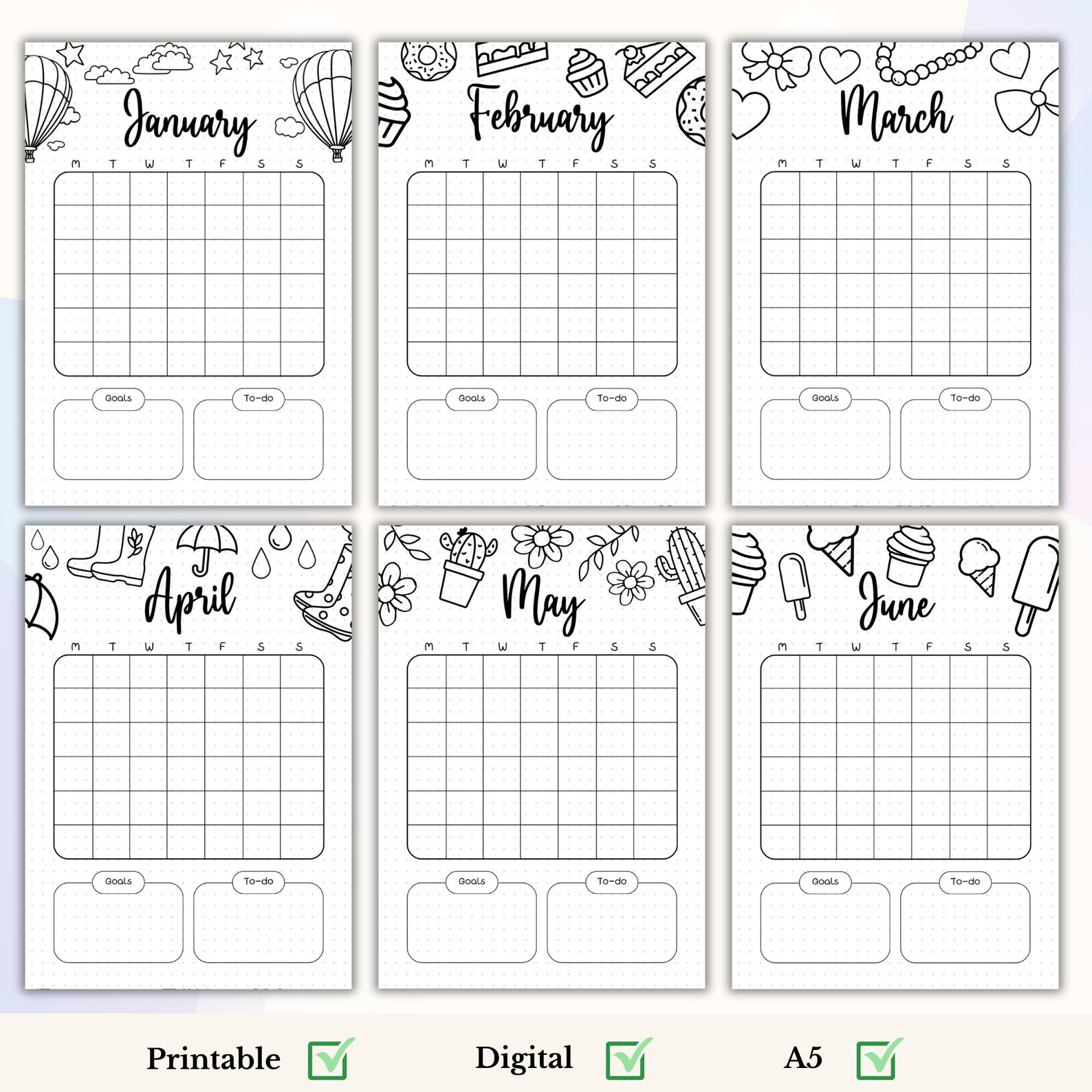 12 Month Calendar Pages Bullet Journal Bundle Monthly Planner Journal ...