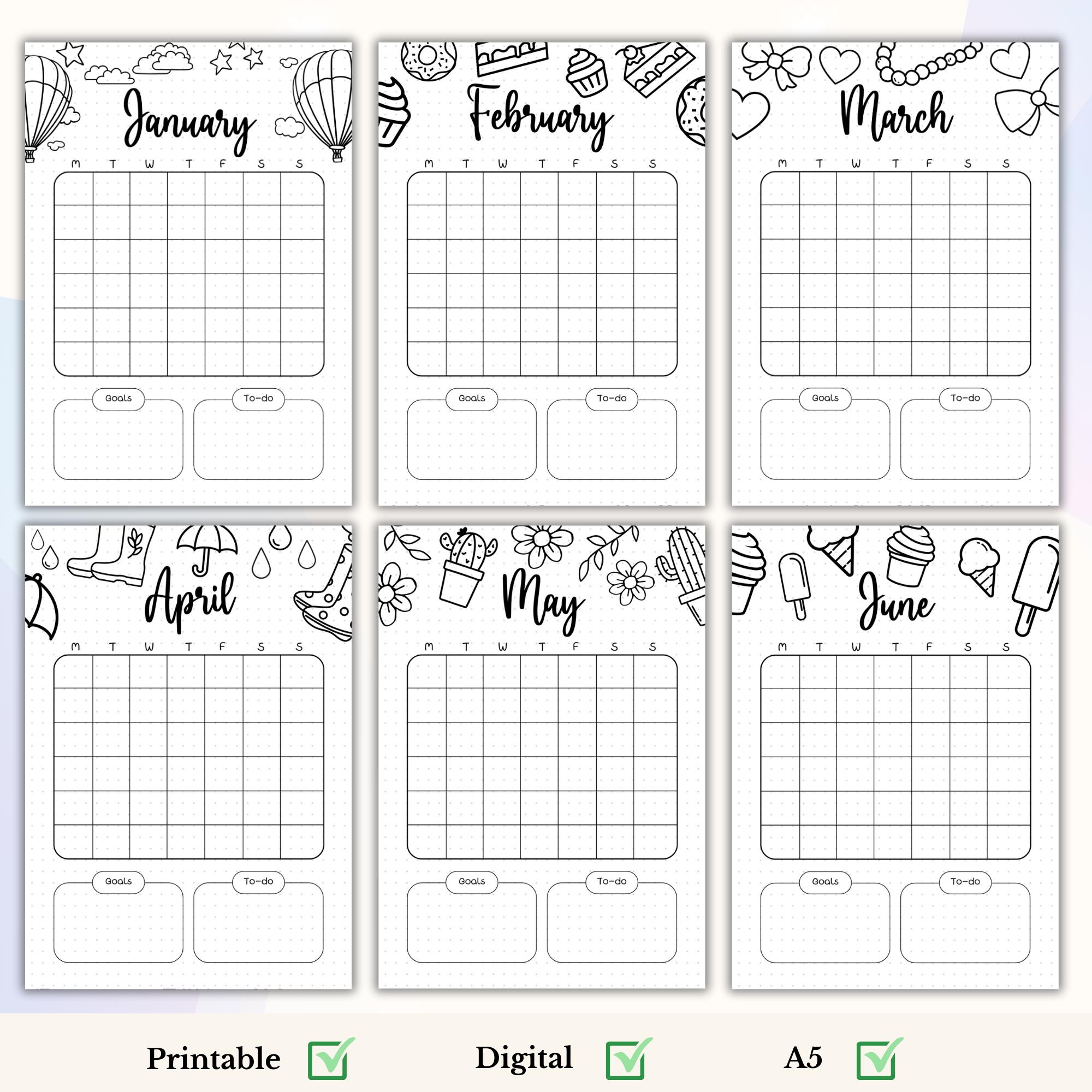 12 Month Calendar Pages Bullet Journal Bundle Monthly Planner Journal ...