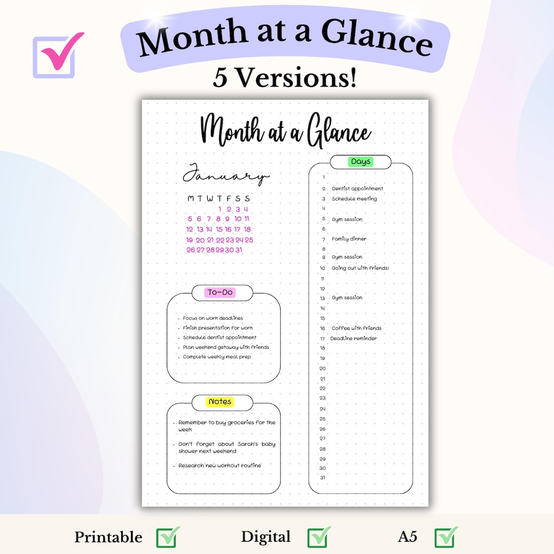 Month at a Glance Bullet Journal Printable Monthly Planner Premade ...