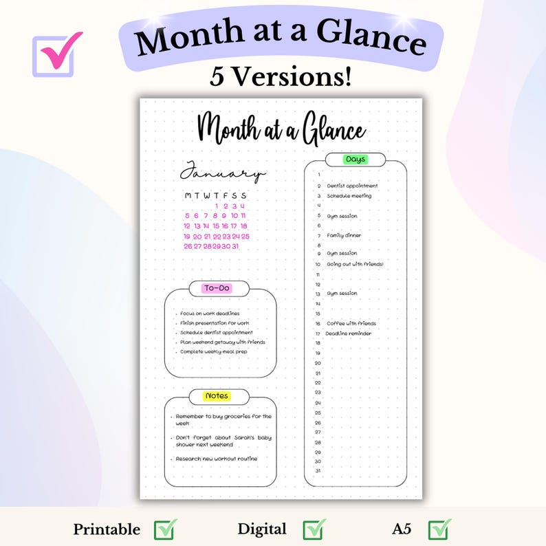 Month at a Glance Bullet Journal Printable Monthly Planner Premade ...