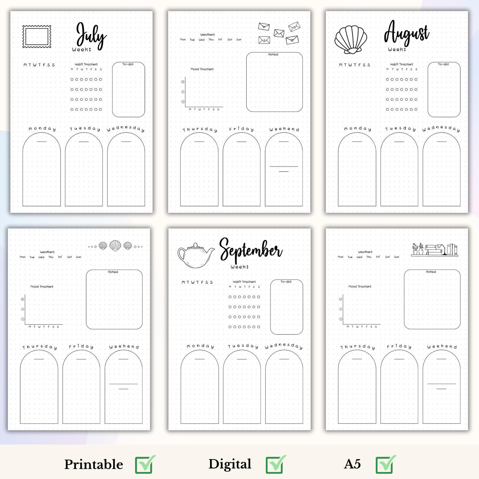 Weekly Spread Bullet Journal Page A5 Printable Digital Planner Undated ...