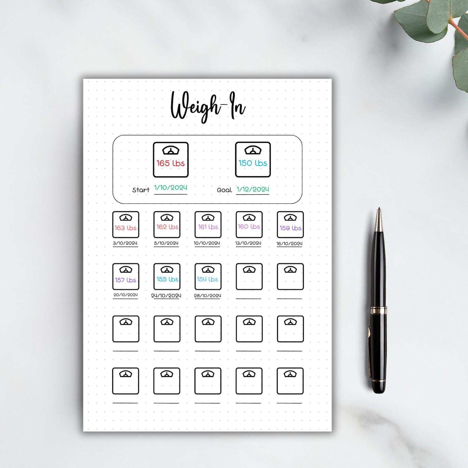 Weigh-in Tracker Bullet Journal Weight Tracker Fitness Tracker Workout ...
