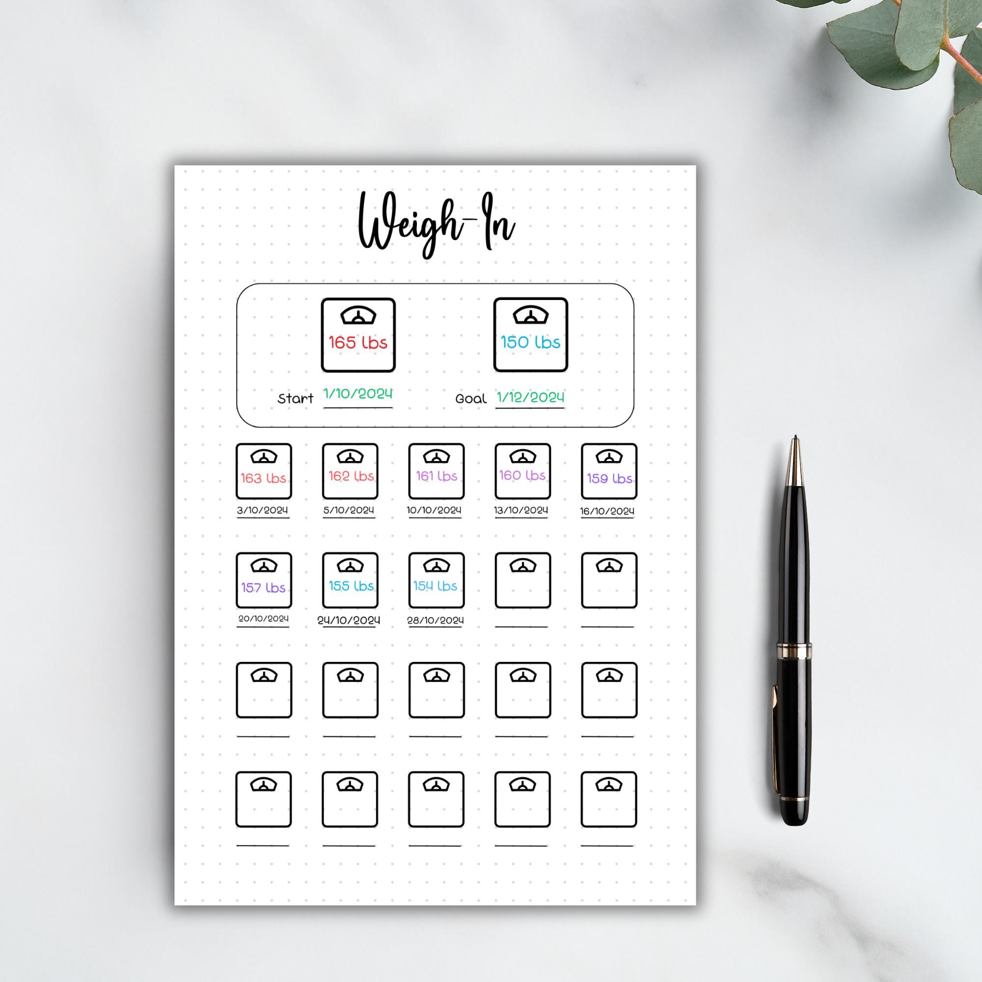 Weigh-in Tracker Bullet Journal Weight Tracker Fitness Tracker Workout ...