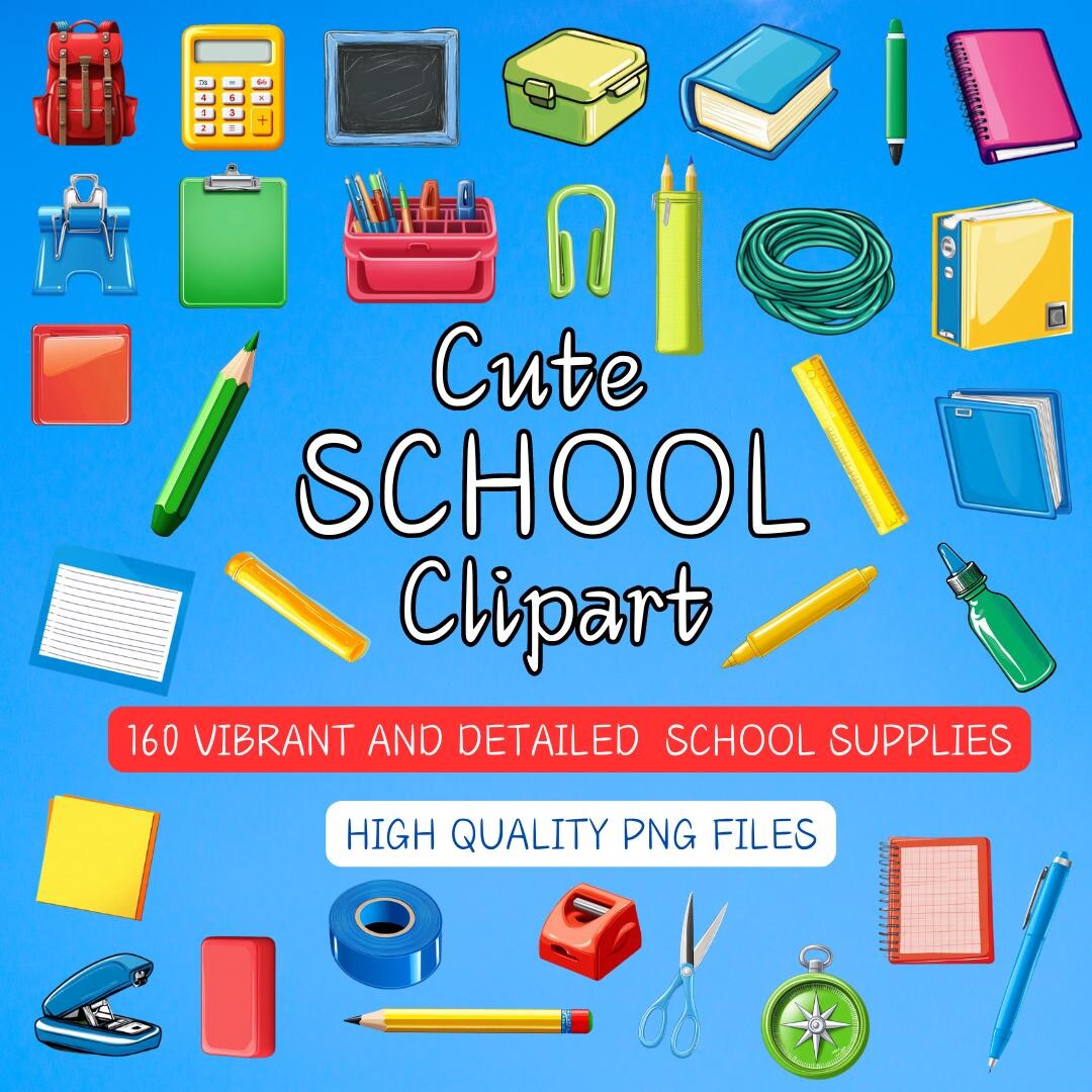 School Supplies Clipart Bundle – 160 PNG Images + 4 Bonus Wallpapers ...