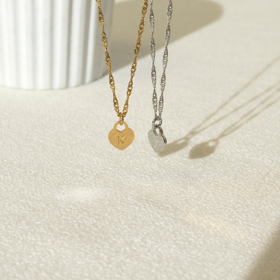 Tiny Heart Initial Necklace, Engrave Heart Necklace, Dainty Heart ...