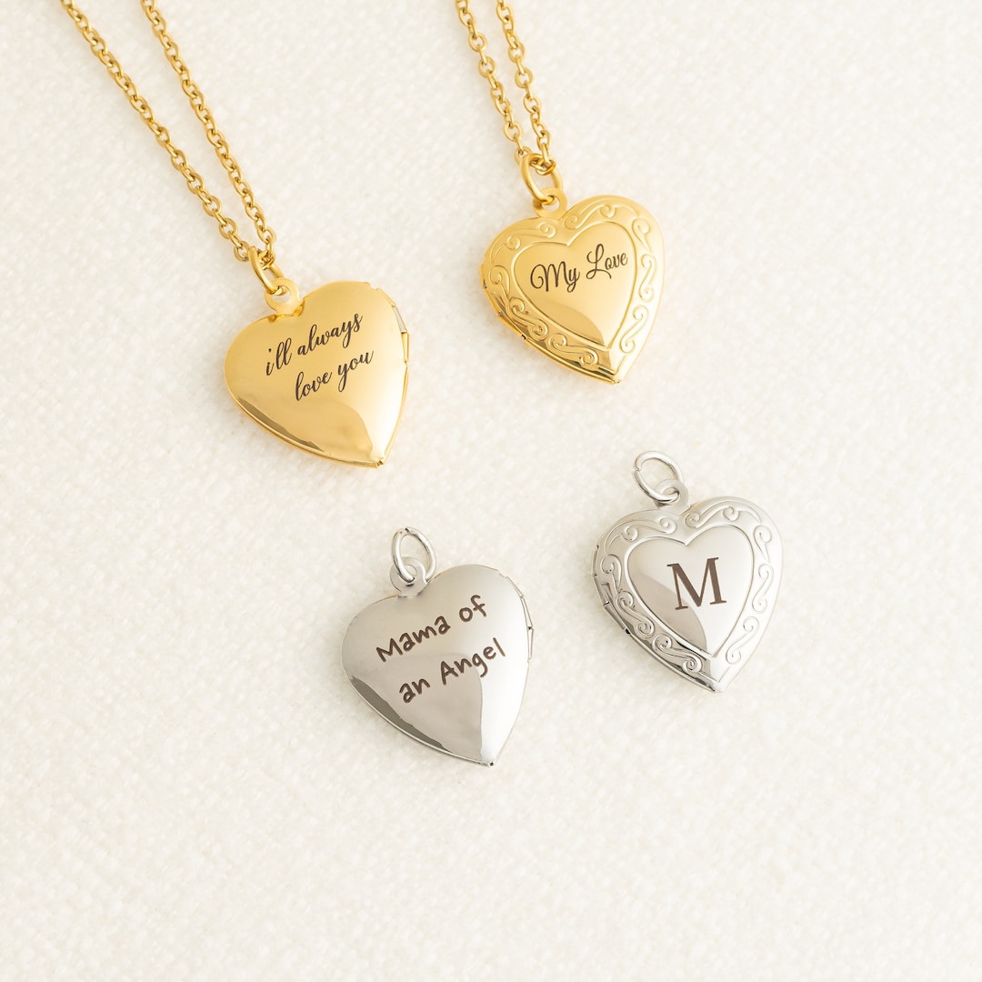 Heart Locket Necklace With Picture, Engraved Heart Necklace, Heart ...