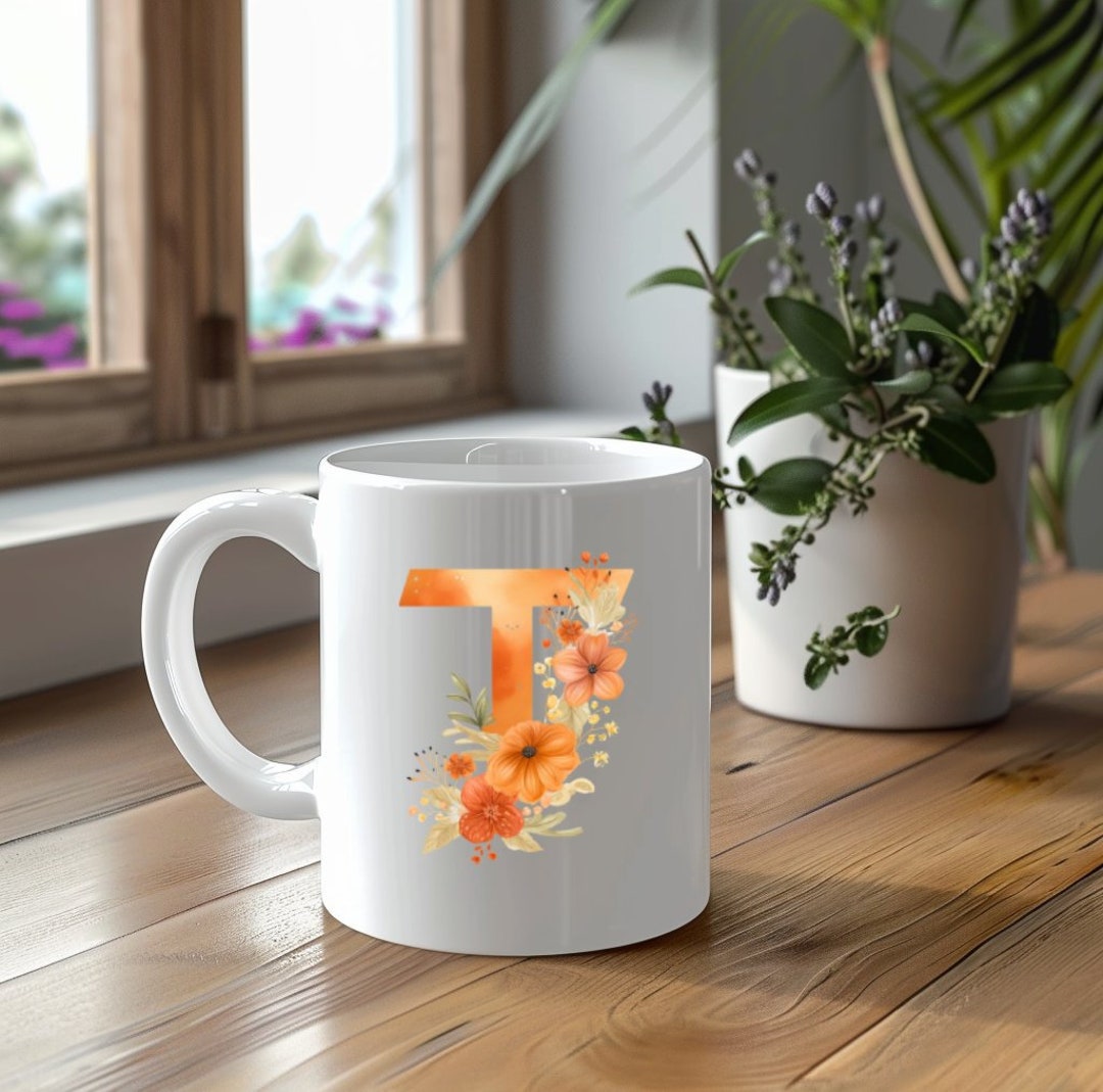 Orange Floral Letter T Ceramic Mug Unique Gift for Coffee and Tea ...