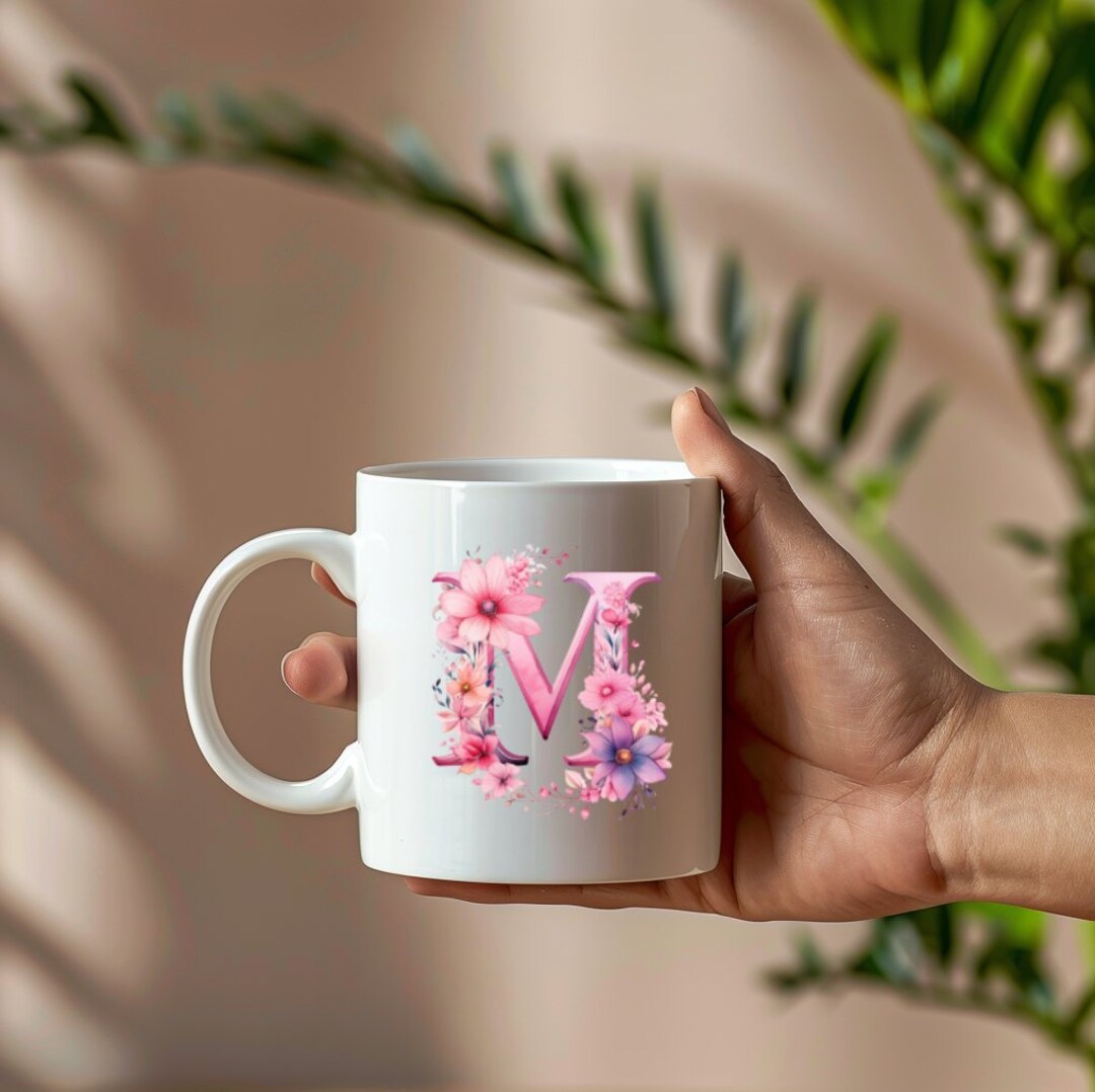 Pink Floral Letter M Ceramic Mug Unique Gift for Coffee and Tea Lovers ...