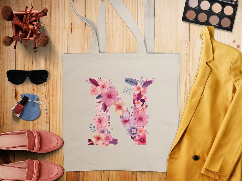 Pink Floral N Letter Tote Bag Shopping, Work, and Travel Bag Spacious ...