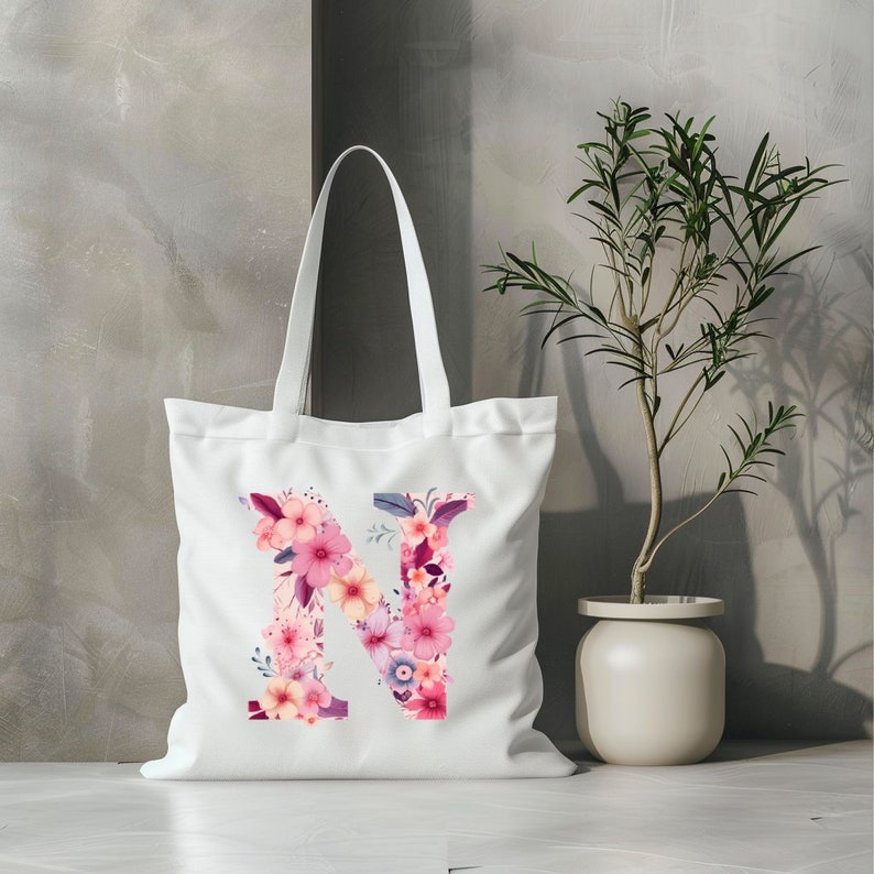 Pink Floral N Letter Tote Bag Shopping, Work, and Travel Bag Spacious ...
