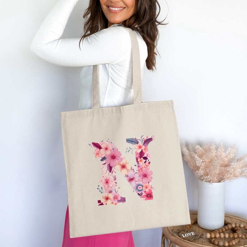 Pink Floral N Letter Tote Bag Shopping, Work, and Travel Bag Spacious ...
