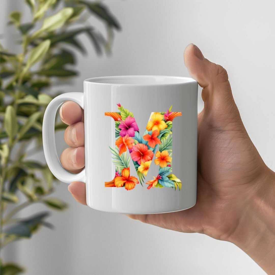 Tropical Letter M Ceramic Mug Unique Gift for Coffee and Tea Lovers Stylish, Artistic, and ...