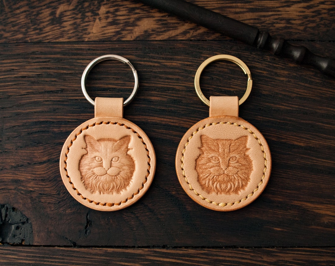 Leather Cat Keychain | Leather Cat Key Ring | Leather Round Key Chain ...