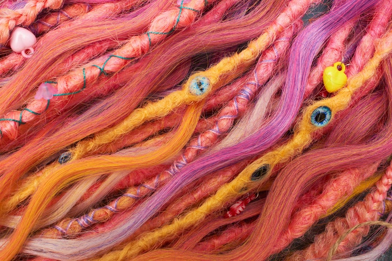 Synthetic Dreadlocks, Textured Dreads, Curly Hair, Ombre Pink to Yellow ...