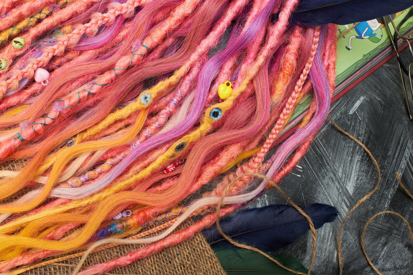 Synthetic Dreadlocks, Textured Dreads, Curly Hair, Ombre Pink to Yellow ...