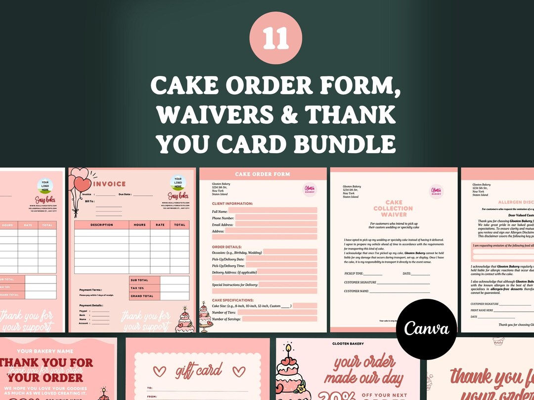 Cake Order Form & Invoice Thank You X Care Cards CANVA Editing Bakery ...