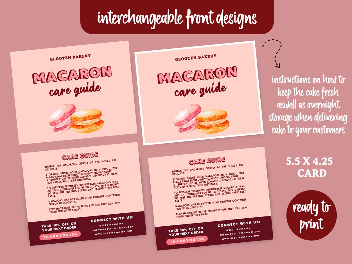 French Macaron Care Card Template | Small Business Owner Gift | 5.5 X 4 ...