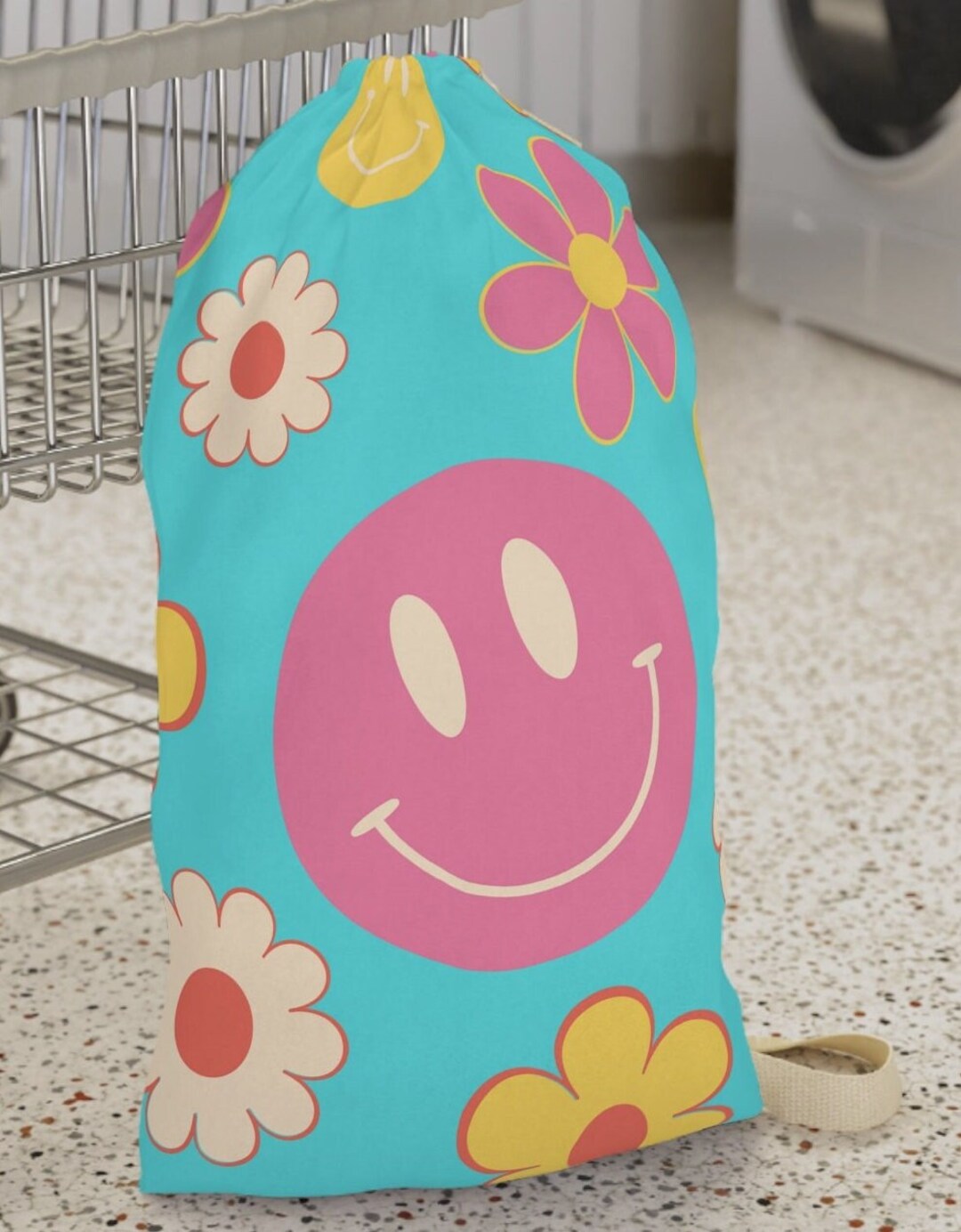 Groovy Retro Smiley Face With Flowers Laundry Bag - Etsy