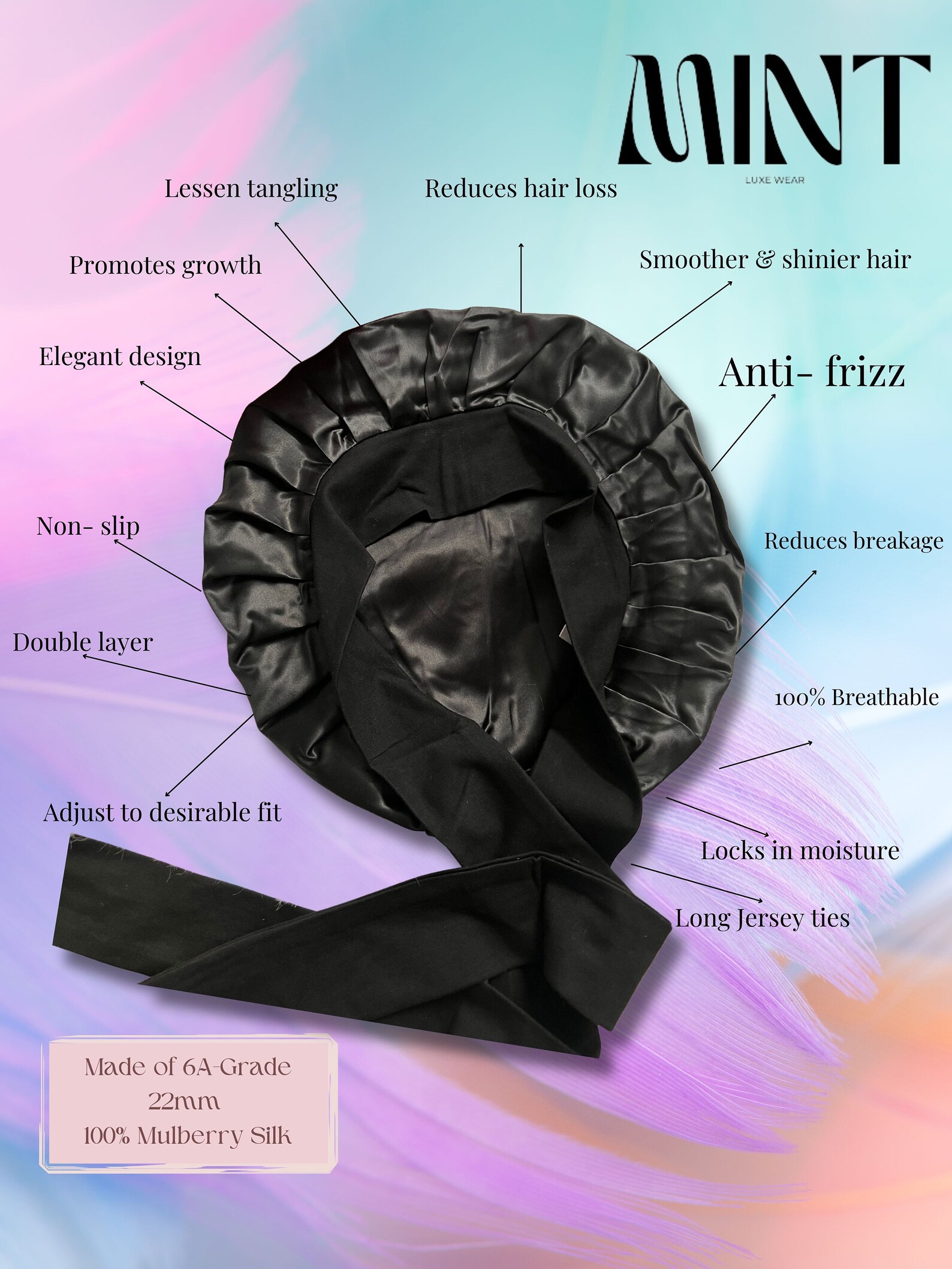 100% Premium Mulberry Silk Tie Bonnet, 22mm Silk Bonnets With Ties ...