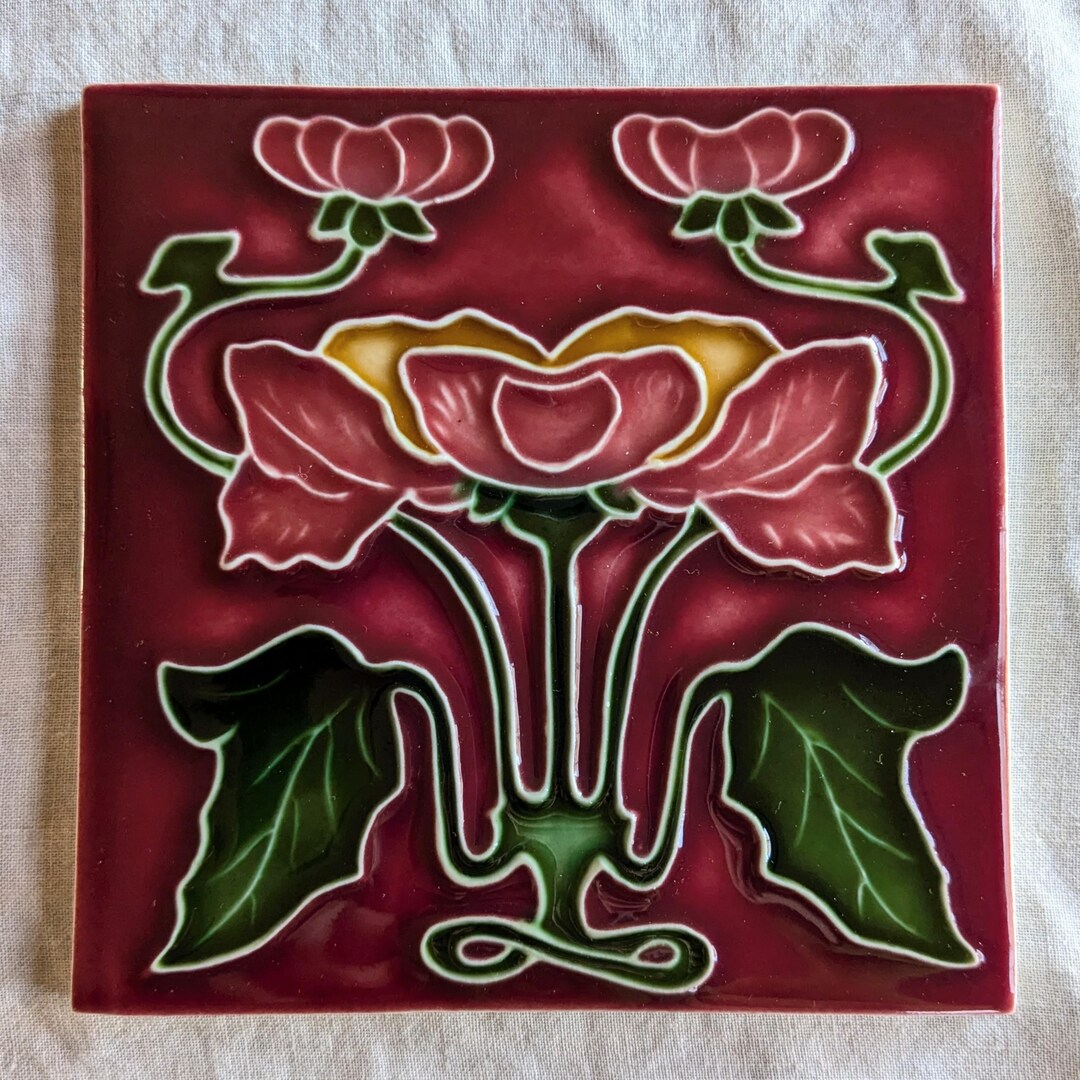 Porteous Handmade Tile - Art Nouveau Floral Glazed Porcelain 6x6 Inches ...