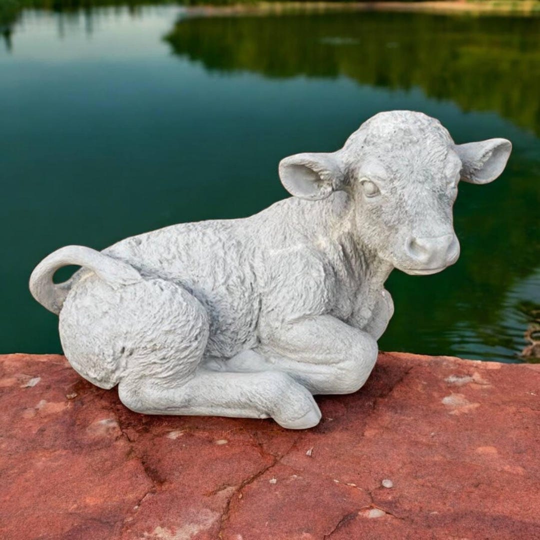 Extra Large Cow Figure Laying Calf Figurine Cement Farmhouse Decoration ...