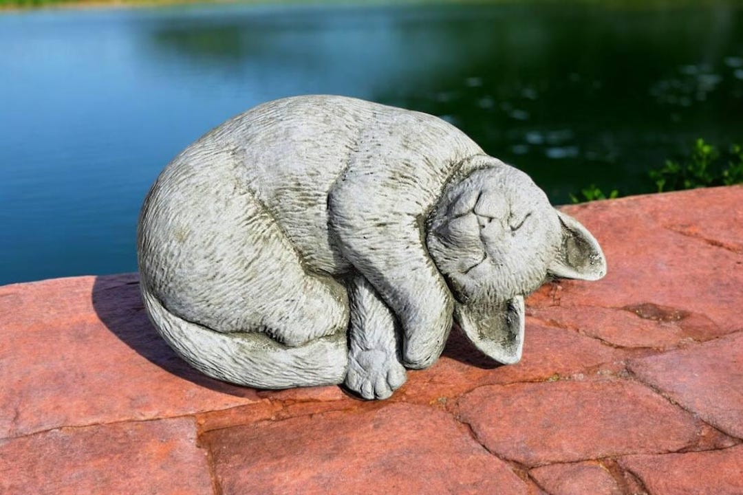 Curled up Kitten Laying on Side Detailed Cat Statue Outdoor Yard Cat ...