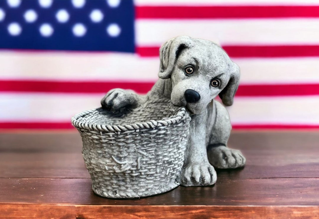 Puppy With Basket Figure Sitting Dog With Flowers Pot Statue Pet ...
