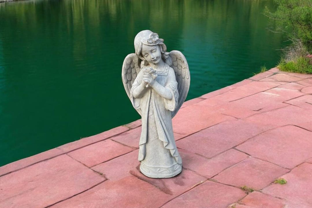 Tall Angel Figure Cherub Holding Flowers Statue Concrete Angel in Dress ...