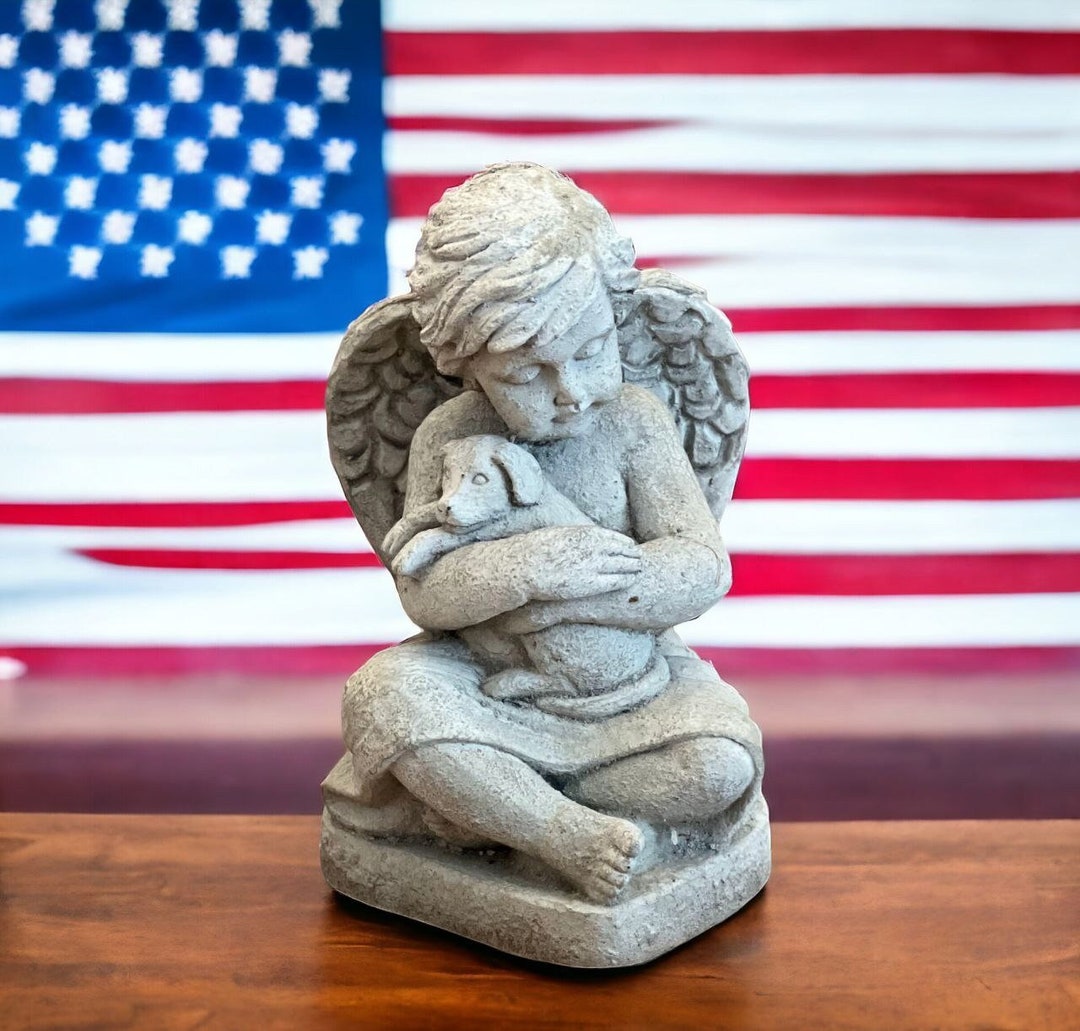 Sitting Angel With Dog Statue Concrete Boy With Puppy Sculpture ...