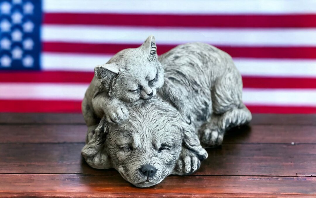 Feline Pet Friends Statue Laying Cat and Dog Figure Two Sleeping Pets ...