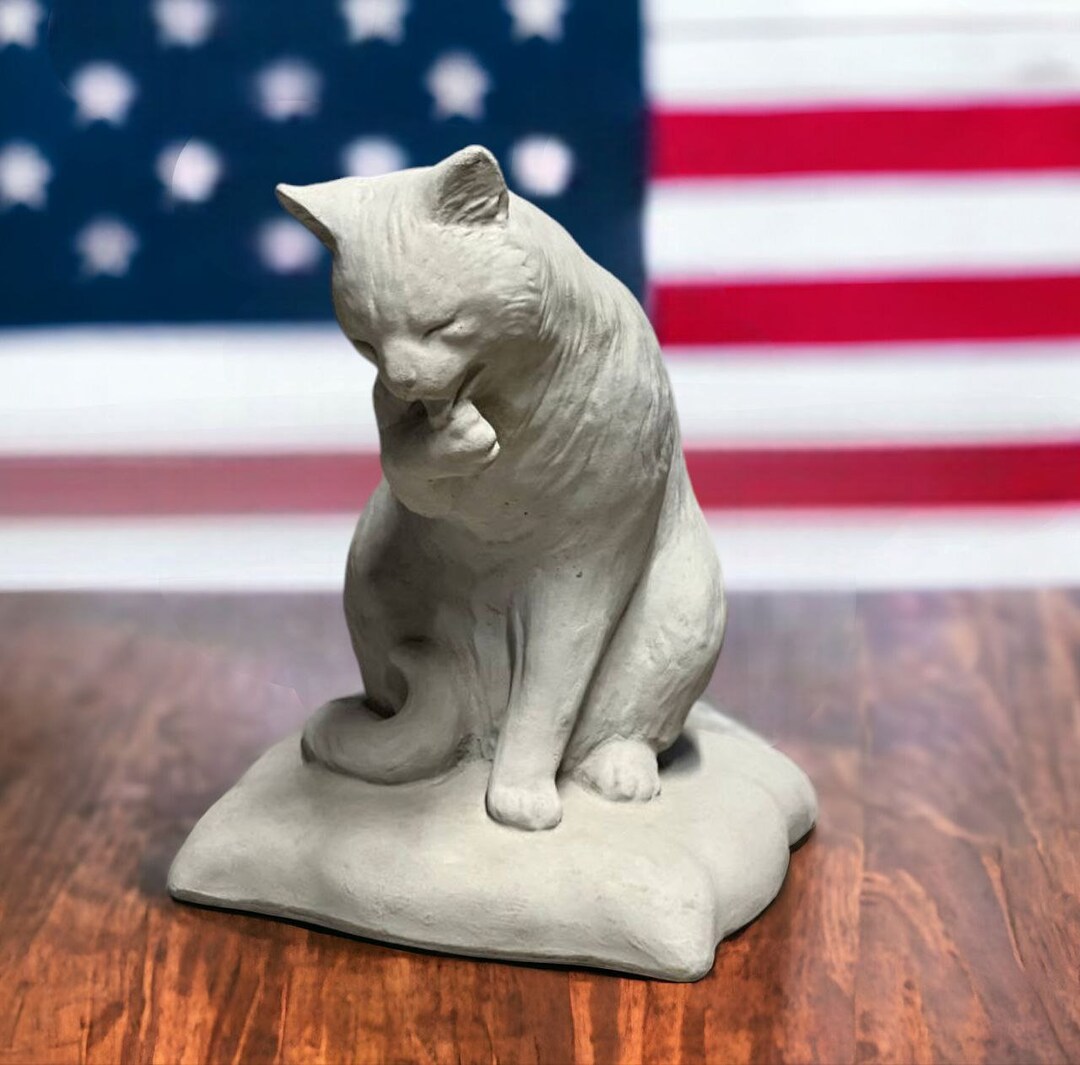 Concrete Cat on Pilow Figure Kitten Sitting Statue Large Cat Licking ...
