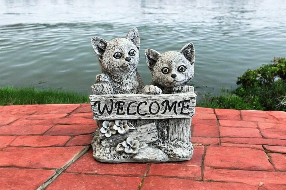 Front Door Welcome Statue Two Cats With Welcome Plate Figure Entrance ...