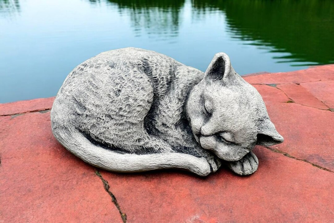 Cat Laying on Side Statue Concrete Kitten Figure Outdoor Garden ...