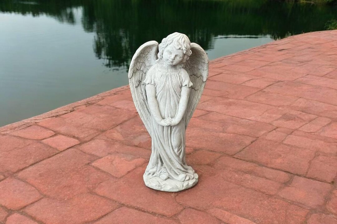 Standing Angel Flowers Child Statue Concrete Angel Figure Folded Hands ...