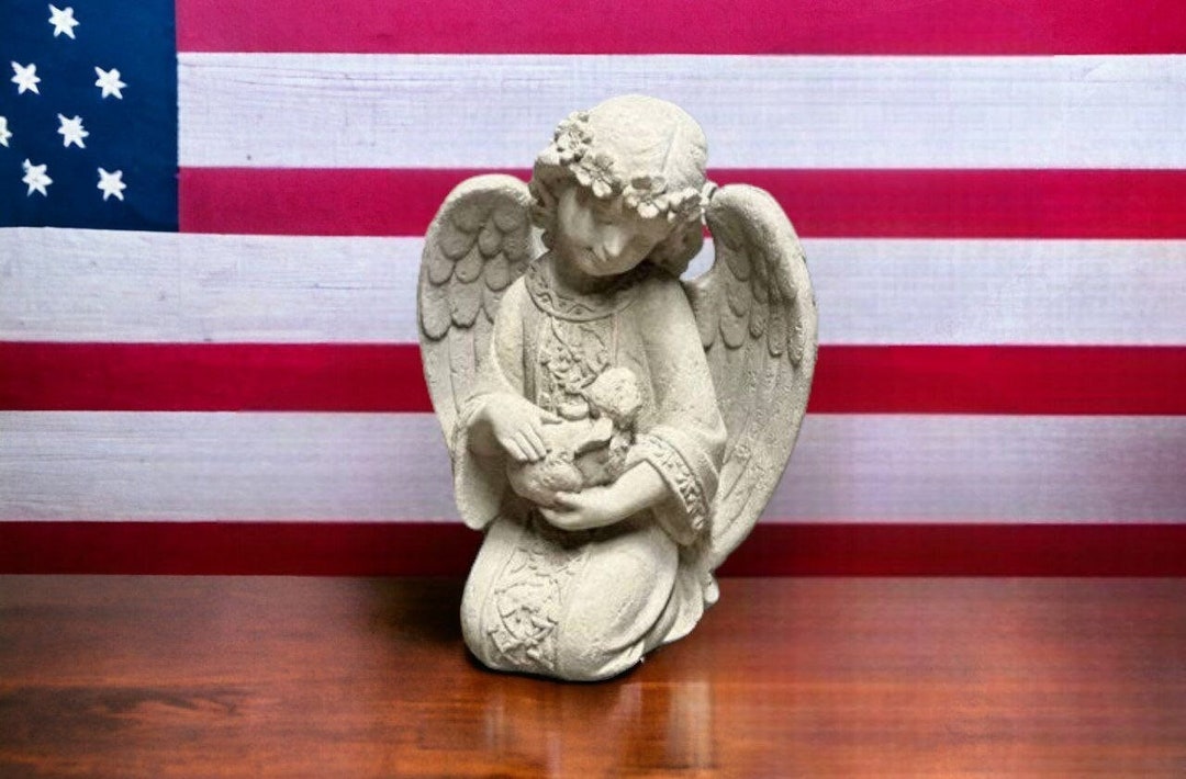 Concrete Angel Holding Rabbit Figure Detailed Angel Figurine Outdoor ...