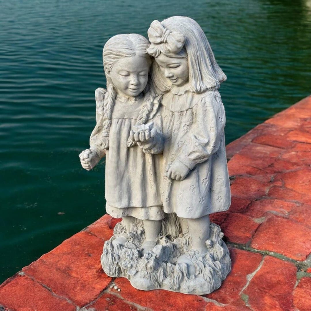 Two Girls With Butterfly Detailed Girls Standing on Base Kids Statuary ...