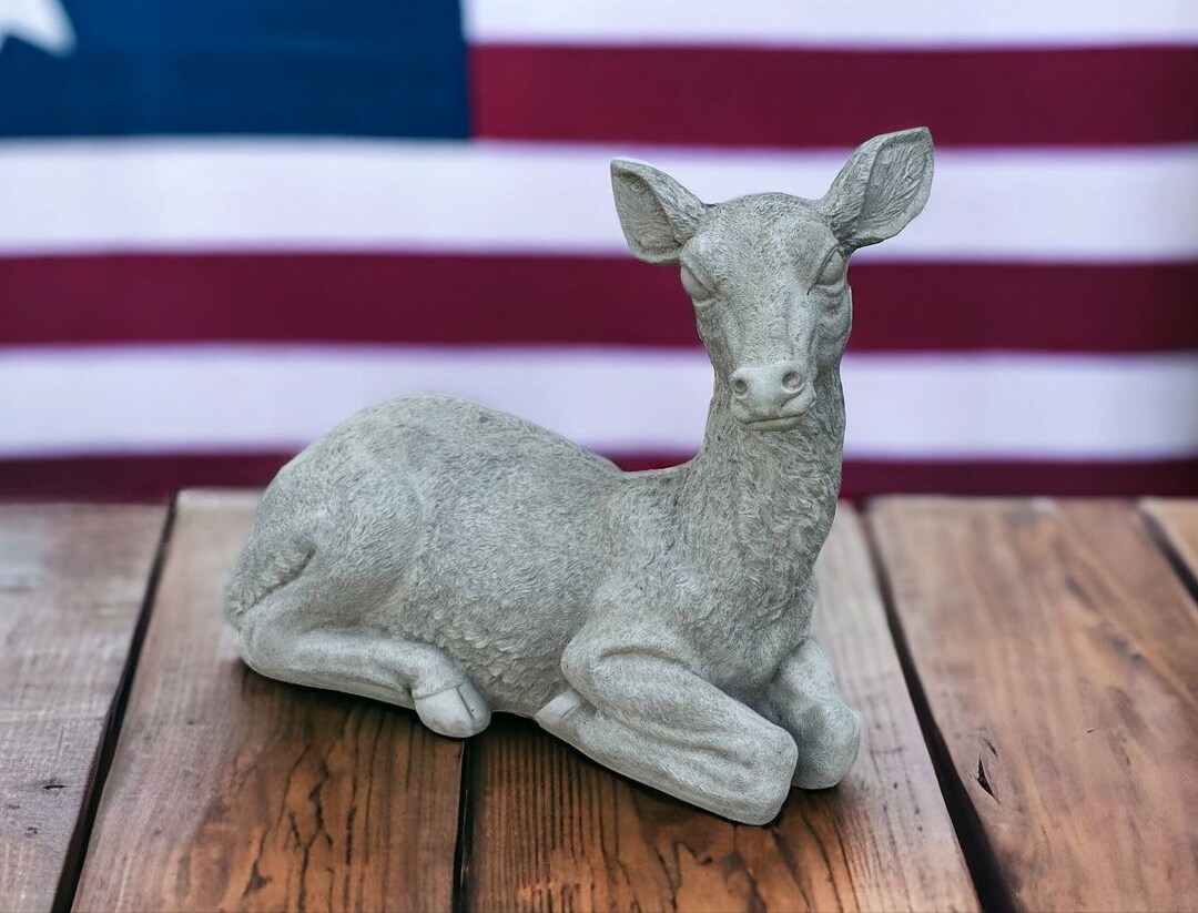 Laying Deer Statue Concrete Fawn Figure Garden or Backyard Sculpture ...