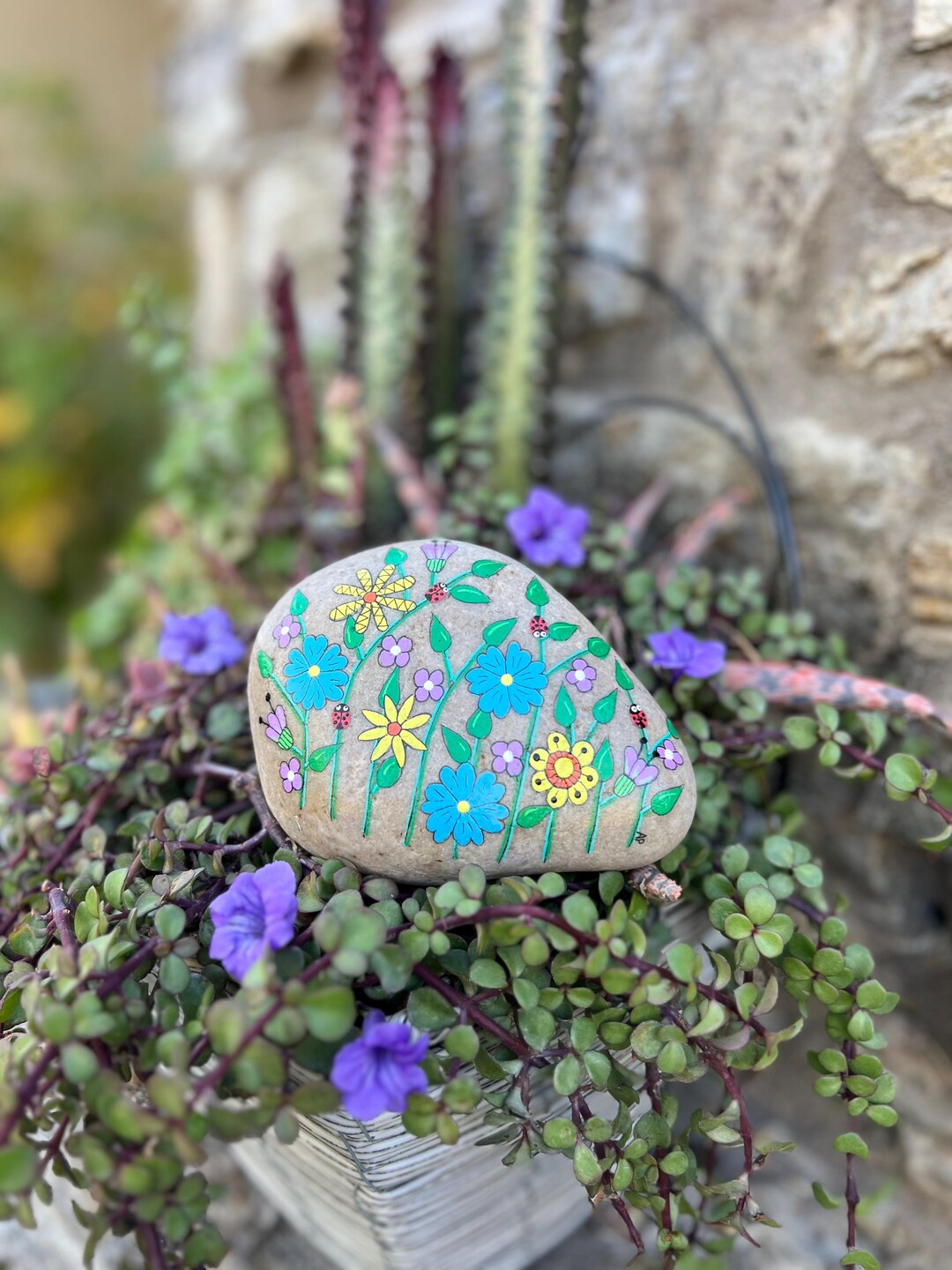 Flower Garden Stone. Hand-painted Rock With Whimsical Flowers and Tiny ...