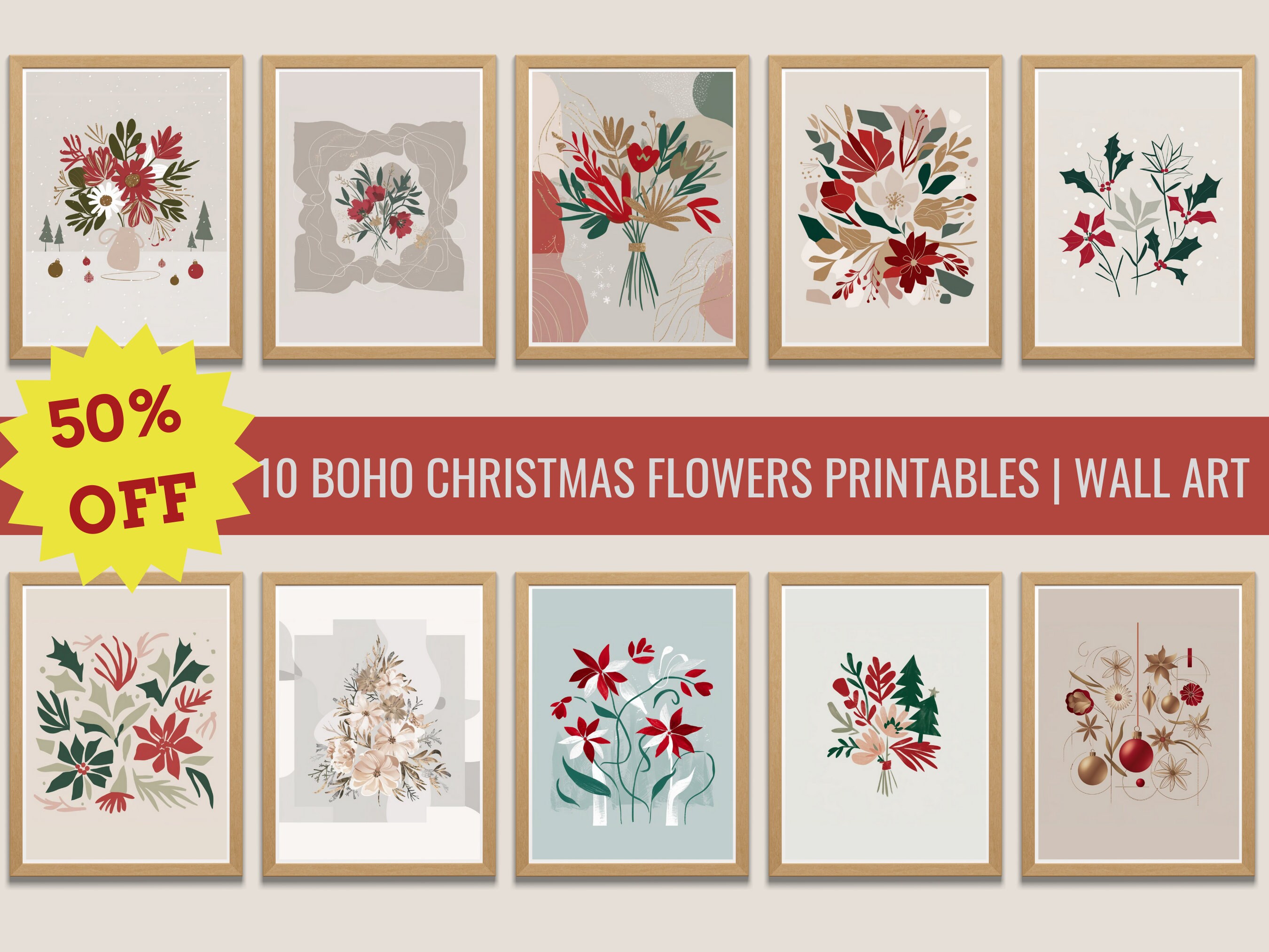 Boho Christmas Flowers PNG, Boho Christmas Decor Printable Wall Art ...