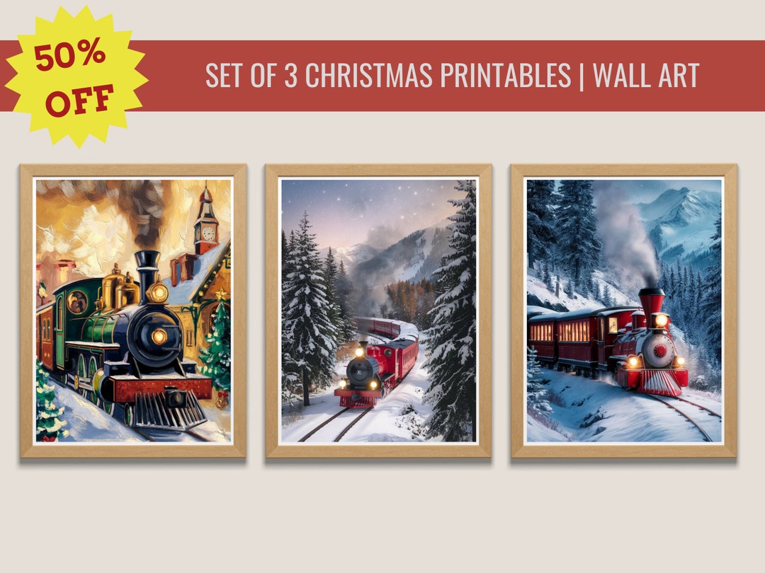 Vintage Christmas Train PNG, Vintage Train Printable Wall Art, Set of 3 ...