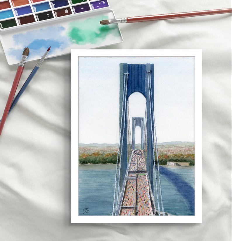 NYC Marathon Verrazano Bridge Painting | Watercolor Art Print | Runners ...