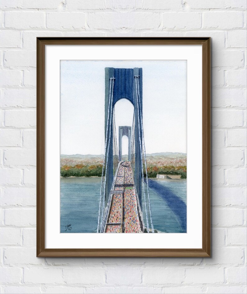 NYC Marathon Verrazano Bridge Painting | Watercolor Framed Art Print ...