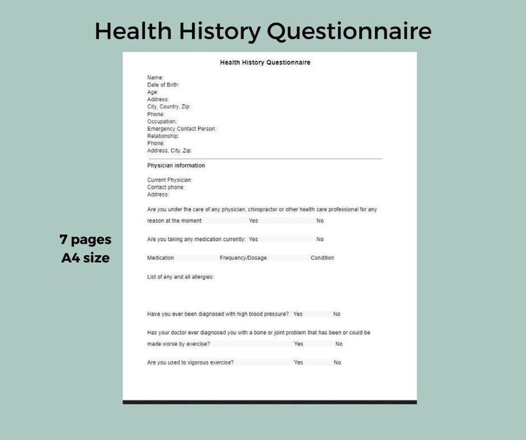 Client Intake Health History Questionnaire Personal Trainer ...