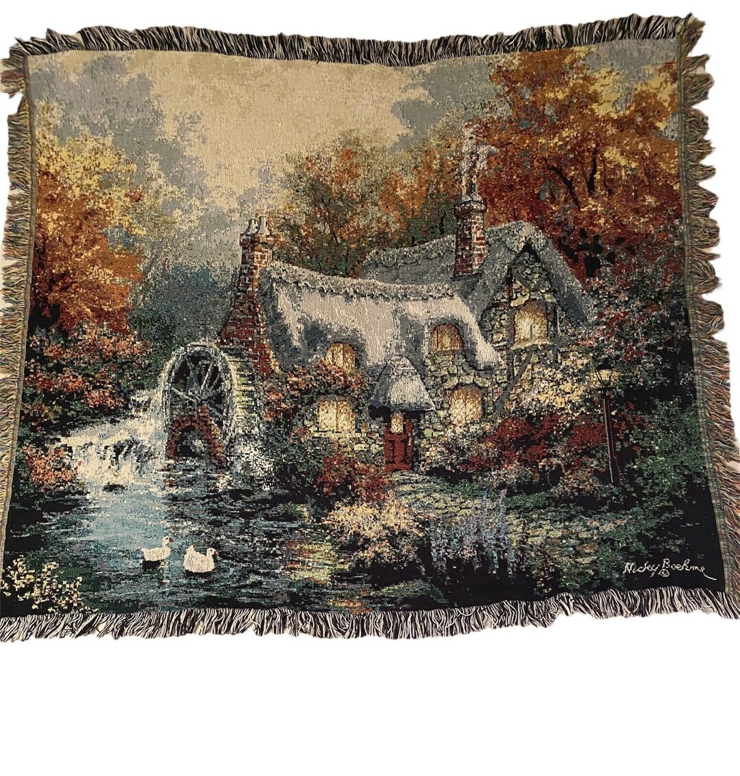 Vtg Nikky Boehme Cottage River Stream Woven Fringed Tapestry Throw ...