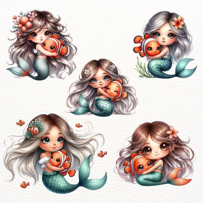 Cute Mermaid and Clown Fish Clipart Bundle 11 PNG Images. Mermaid ...
