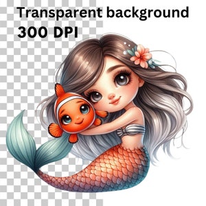 Cute Mermaid and Clown Fish Clipart Bundle 11 PNG Images. Mermaid ...