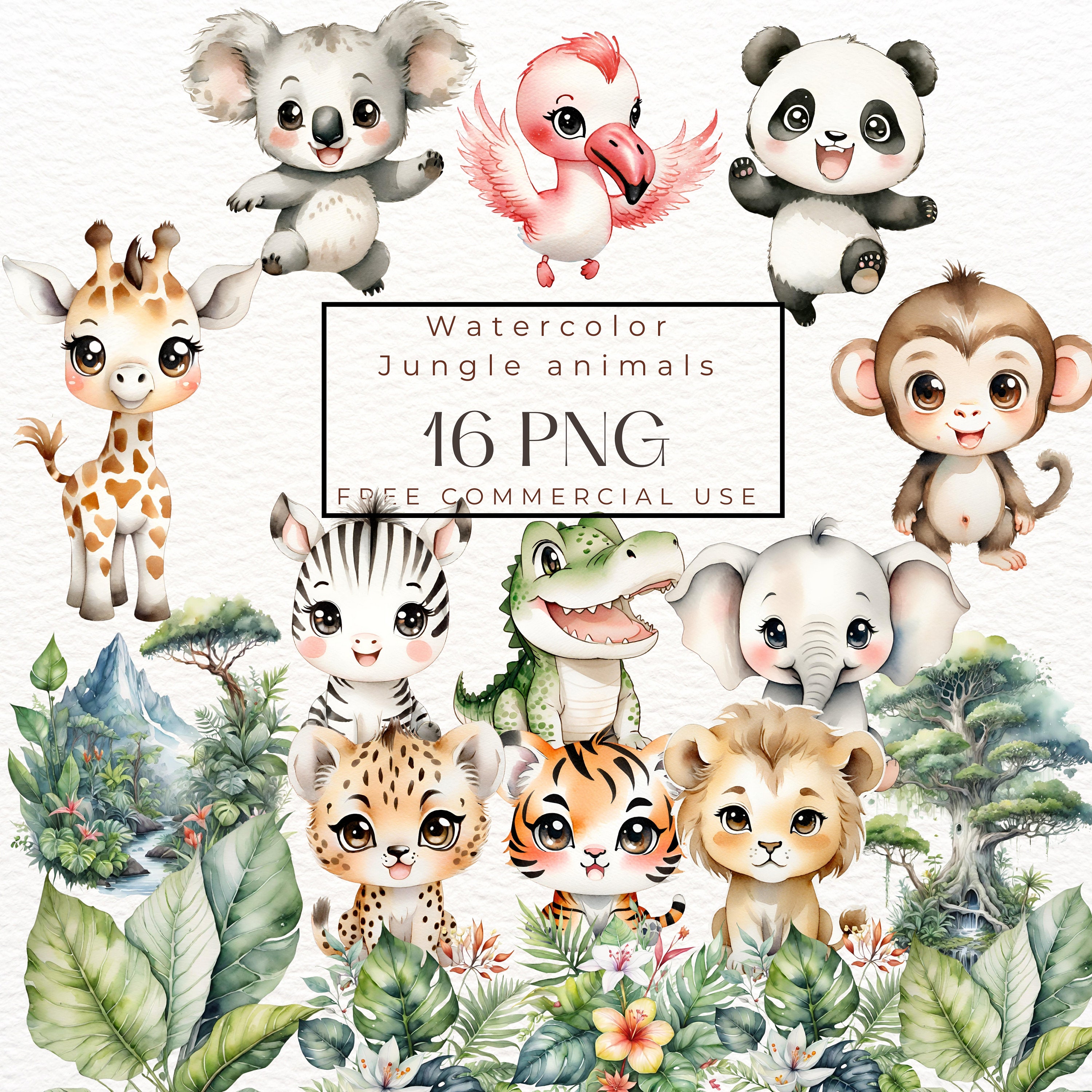 Cute Jungle Animals Clipart Bundle Transparent Background PNG Images ...
