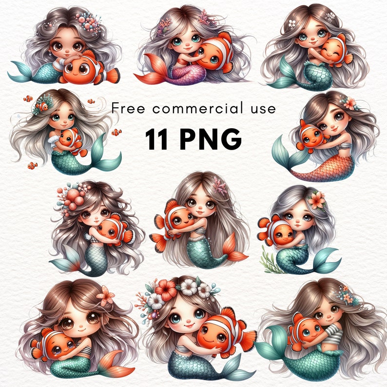 Cute Mermaid and Clown Fish Clipart Bundle 11 PNG Images. Mermaid ...