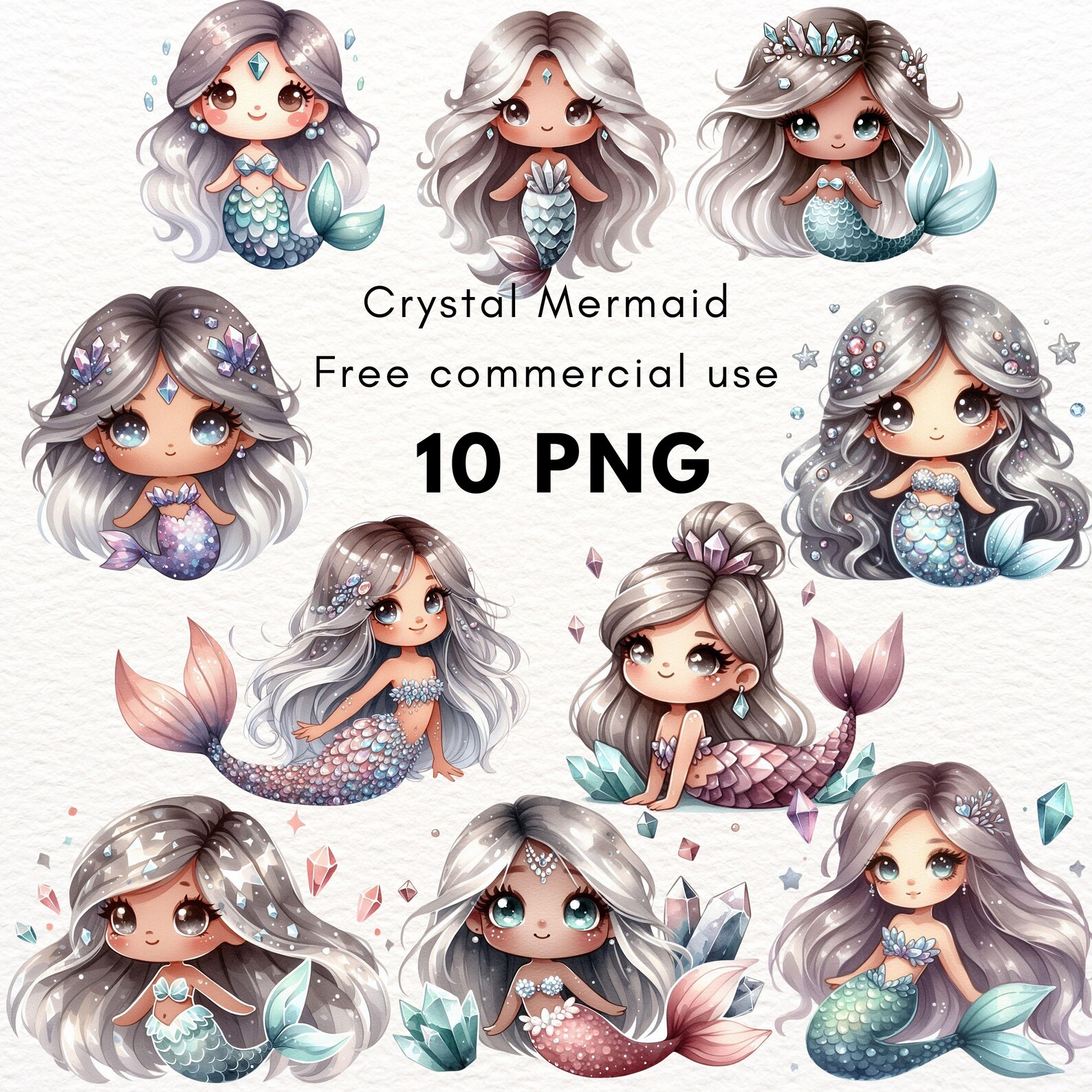 Cute Mermaid Clipart Bundle 10 PNG Images. Mermaid Clipart. Printable ...